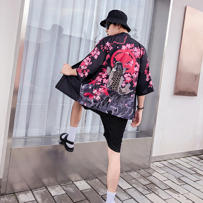 Mens 3/4 Sleeve Casual Kimono Yukata Cardigan Tops Shirts Japanese ...