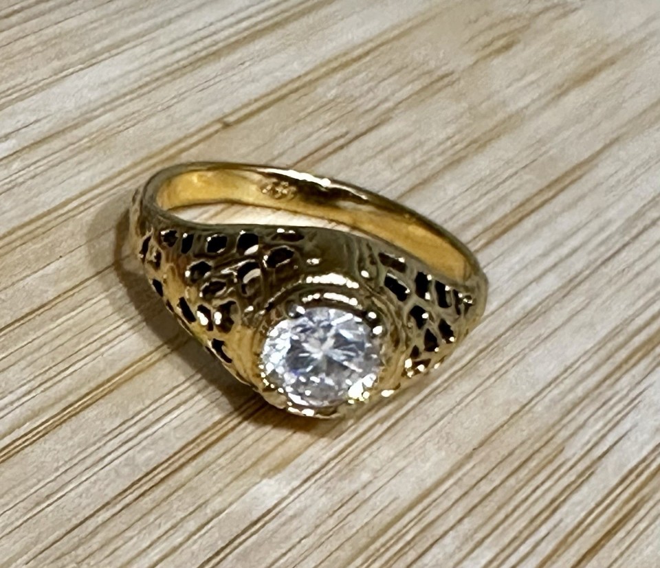 Uncas Ring U With Arrow Gold Tone Ornate Open Work Large Clear Stone ...