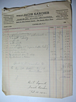 December 1911 Jacob Karcher Invoice Sent to Company in Castorland, N.Y ...