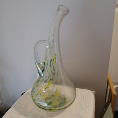 VTG Russian Glass Bent Neck Hand Blown Clear Pitcher Yellow and Green ...