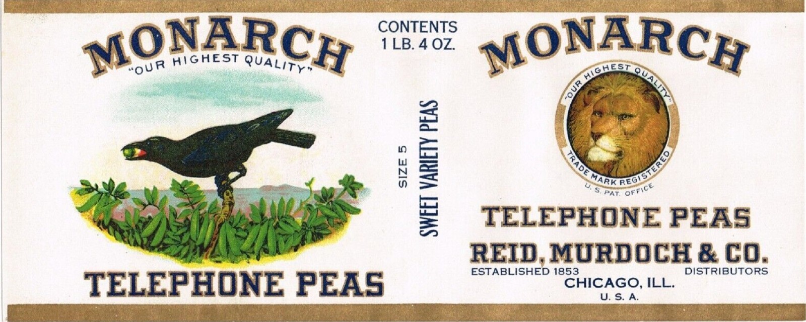 MONARCH Brand Peas CHICAGO ILLINOIS LION CROW Retro Canned Food Label ...