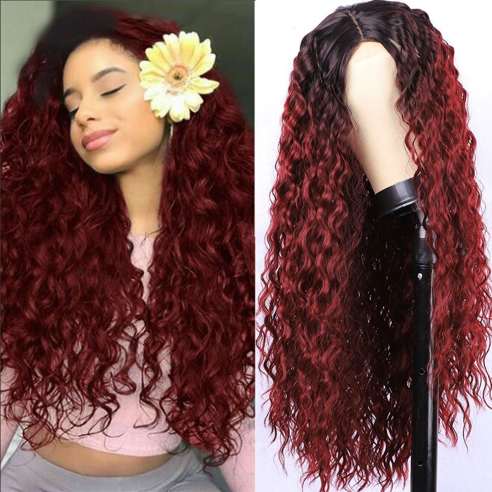 Women 99j Red Curly Wigs Burgundy Long Deep Wave Synthetic Wigs None ...