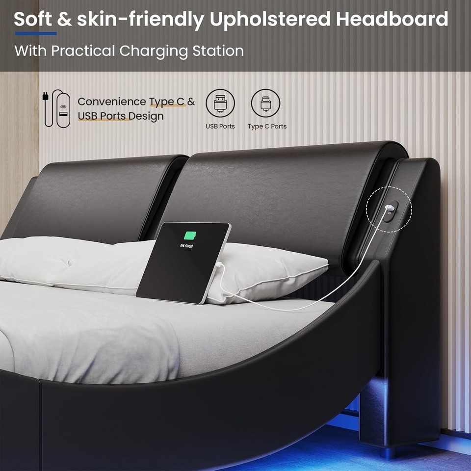 King Size Bed Frame with Headboard,Charging Station,Led Lights ...