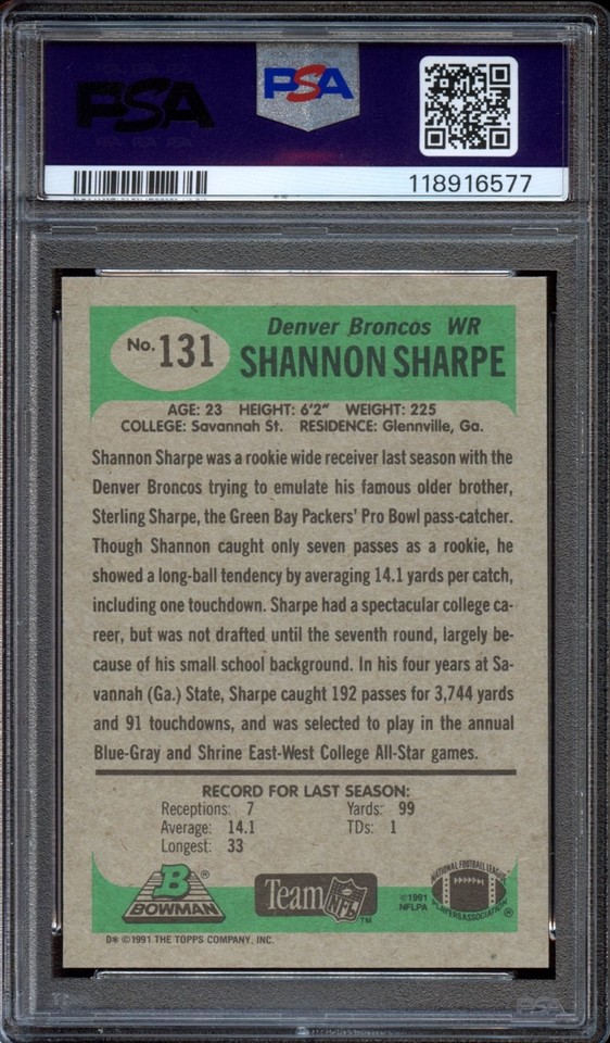 1991 Bowman Shannon Sharpe #131 - HOF Rookie RC - PSA 10 GEM MINT | eBay