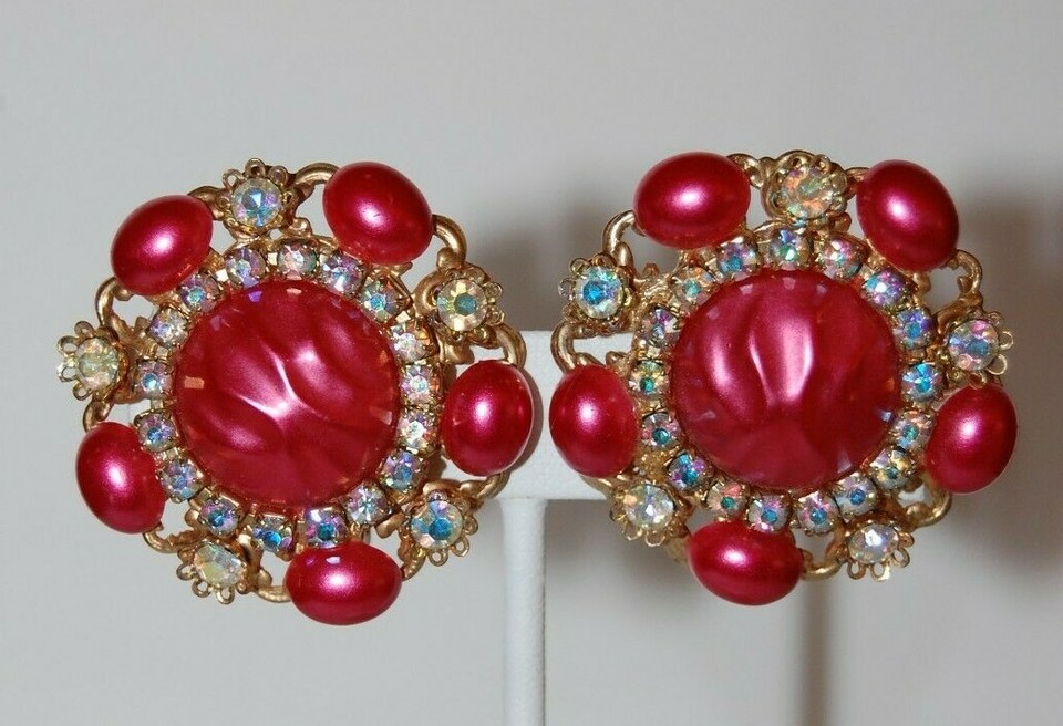 ELEGANT VTG MCM COUTURE PINK CABOCHONS RAINBOW CRYSTALS LARGE BOLD CLIP ...