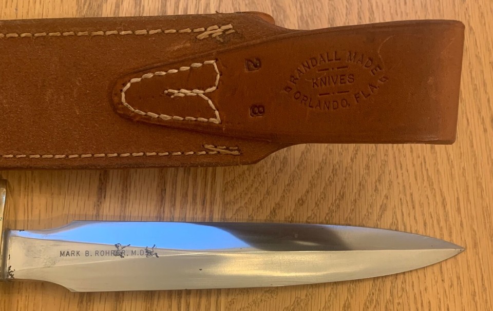 VINTAGE USED RANDALL #2-8 KNIFE W/ ROUGHBACK SHEATH HAS NAME & M.D. N8 ...