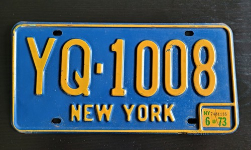 1973 New York License Plate Vintage Auto Tag Antique Blue Yellow Empire ...