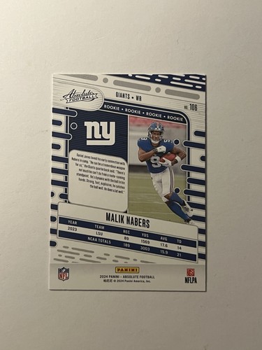 2024 Absolute Malik Nabers Base Rookie Card RC Giants | eBay