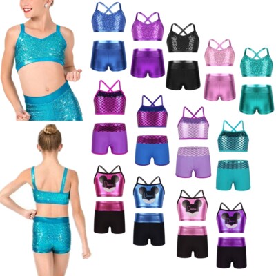 Girl Kid 2-Piece Sport Dance Outfit Crop Tops Shorts Gymnastics Leotard ...