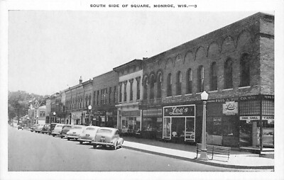 South Of Square, Monroe, WI White Border Postcard. Cars. Shop Signs | eBay