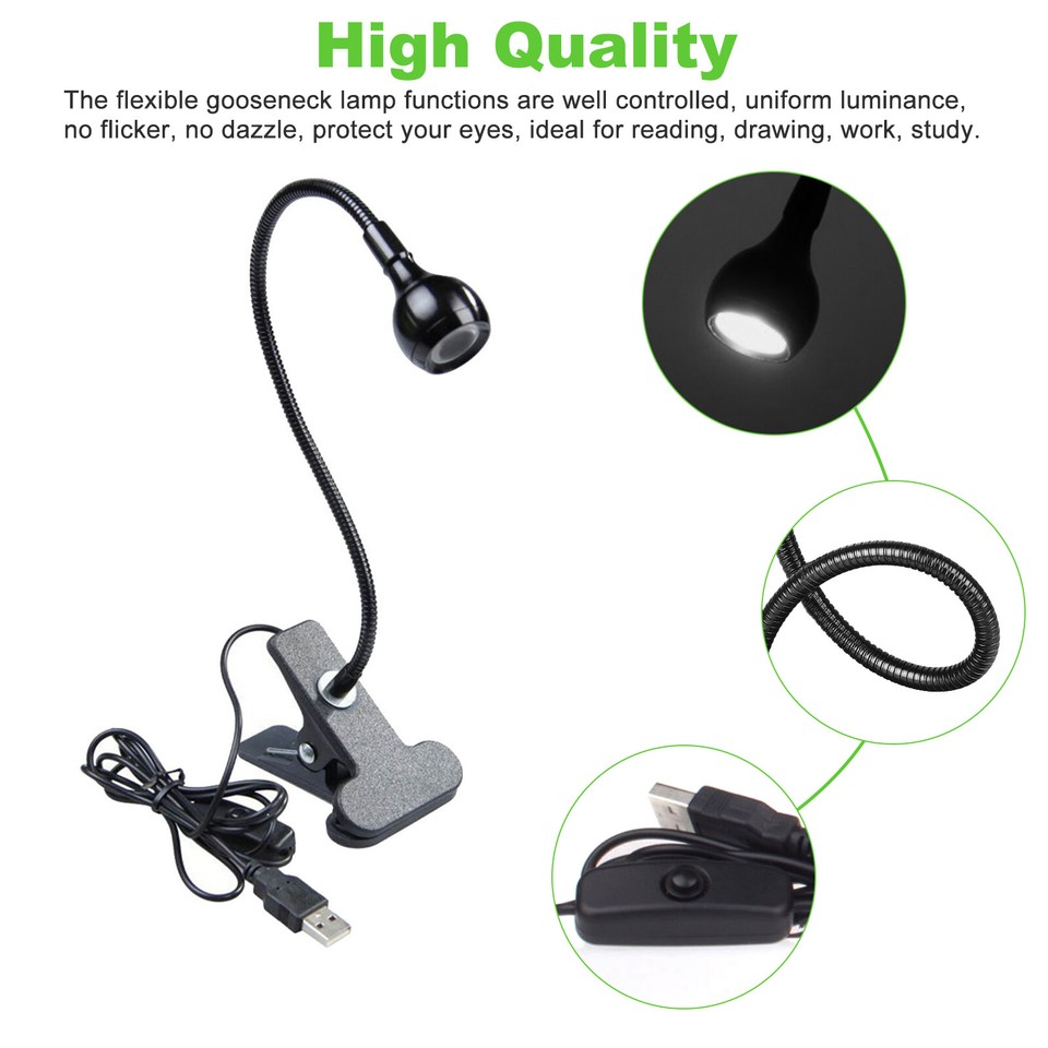 USB Flexible Reading LED Light Clip-on Beside Bed Desk Table Lamp Book ...
