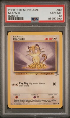 Meowth 80/130 Pokémon Card PSA 10 GRADED GEM MINT TCG 2000 Base Set 2 ...