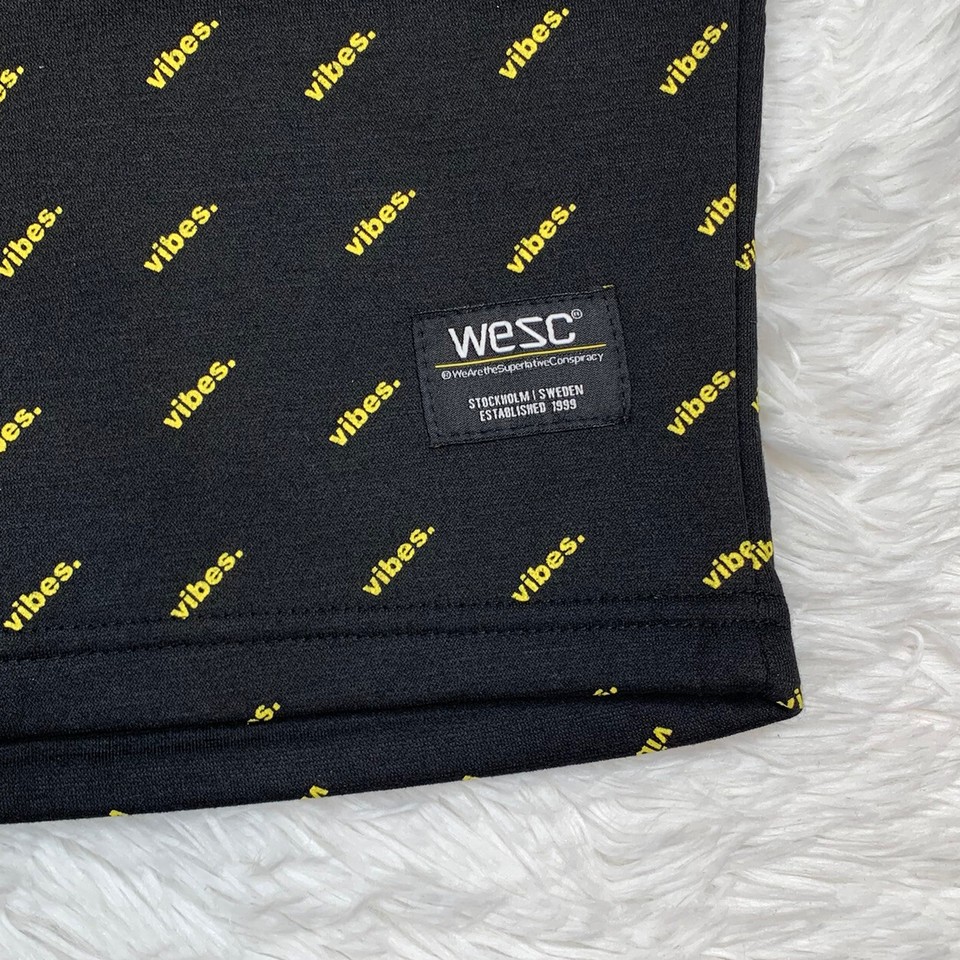 WeSC Mens Fleece Sweat Shorts Size S Small Black Yellow Vibes Pockets ...