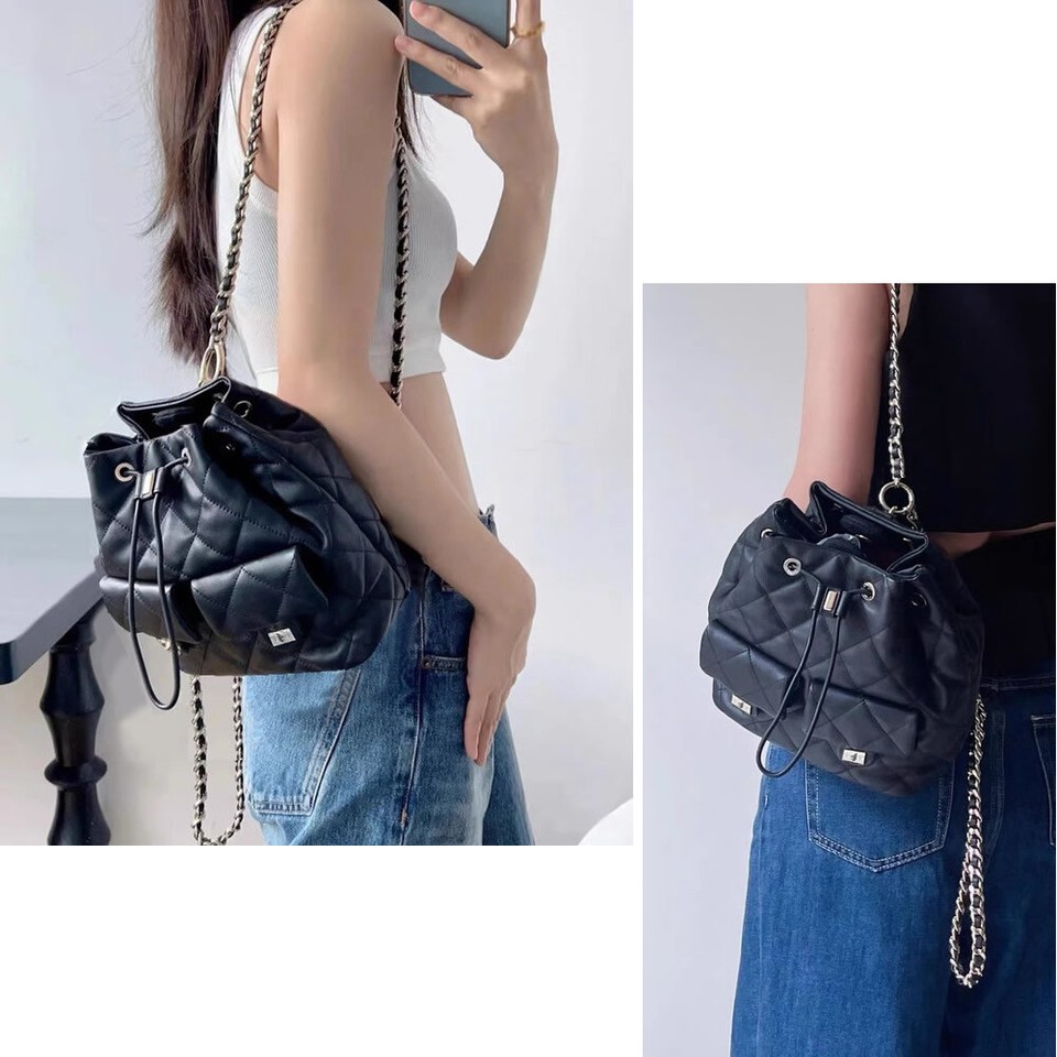Small Mini Quilted Real Leather Drawstring Bucket Backpack Chains Purse ...