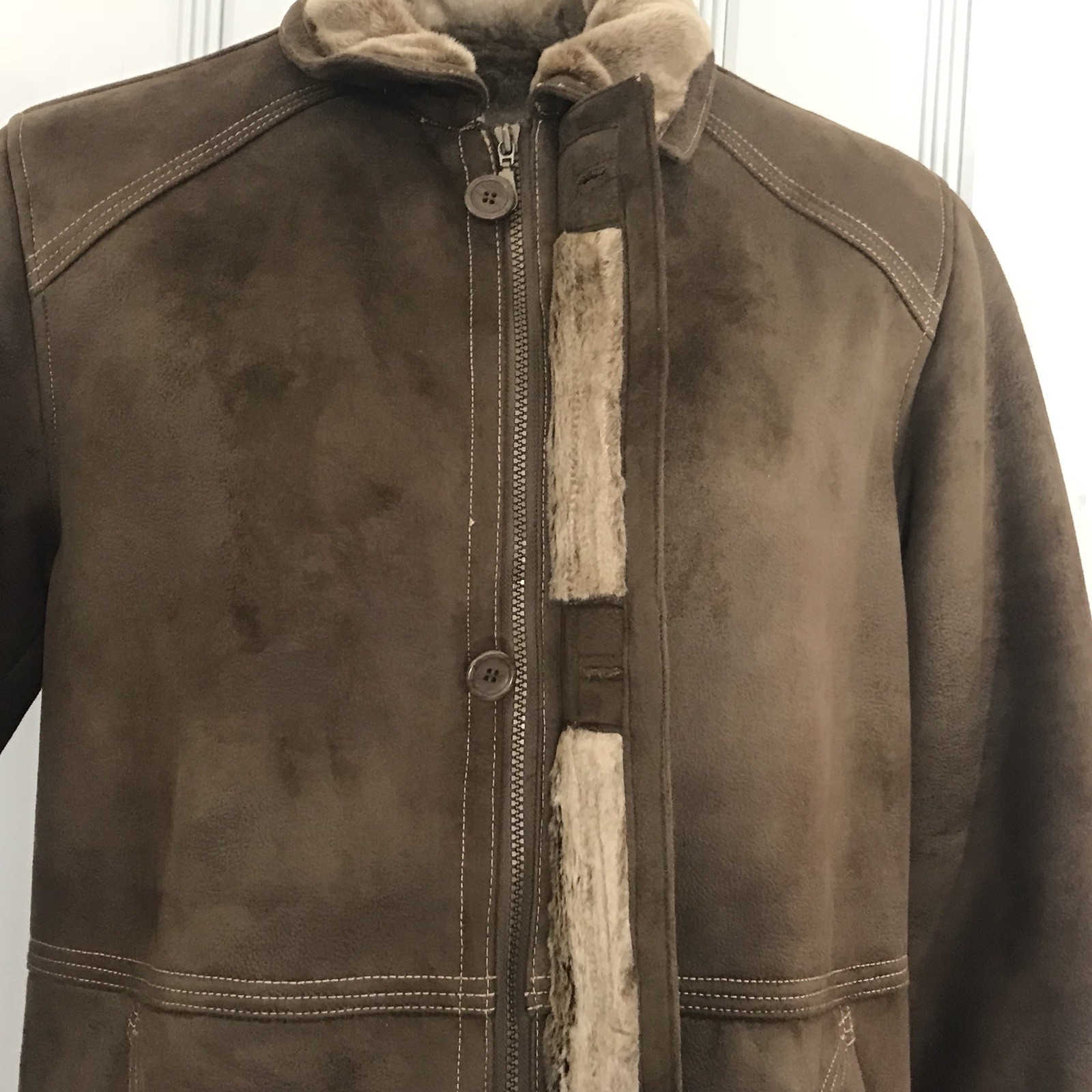 Utex Mens Faux Suede Leather Faux Fur Coat Sz M Brown Long Full Zip ...