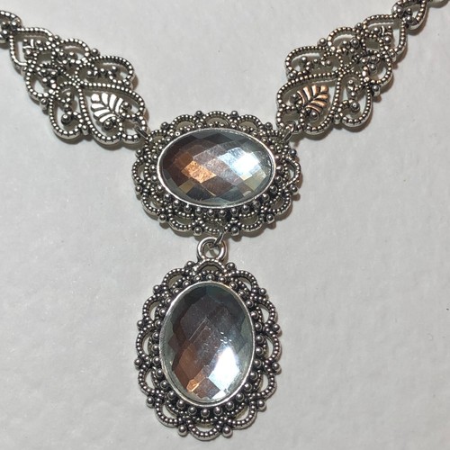 DOUBLE JEWEL VICTORIAN STYLE CLEAR GLASS CRYSTAL SILVER PLATED FILIGREE ...