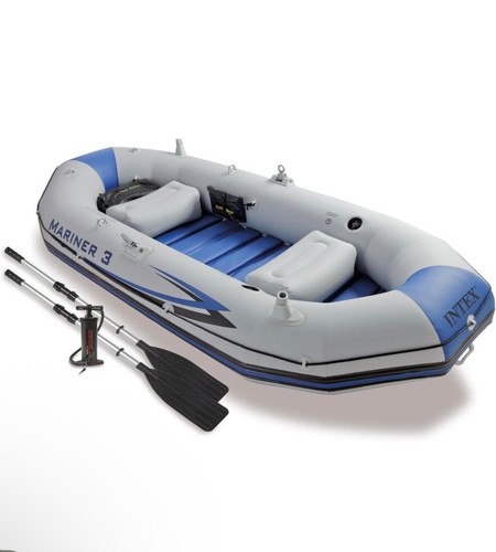 Intex Mariner 3 Person Inflatable Dinghy Boat & Oars Set + Boat Motor ...