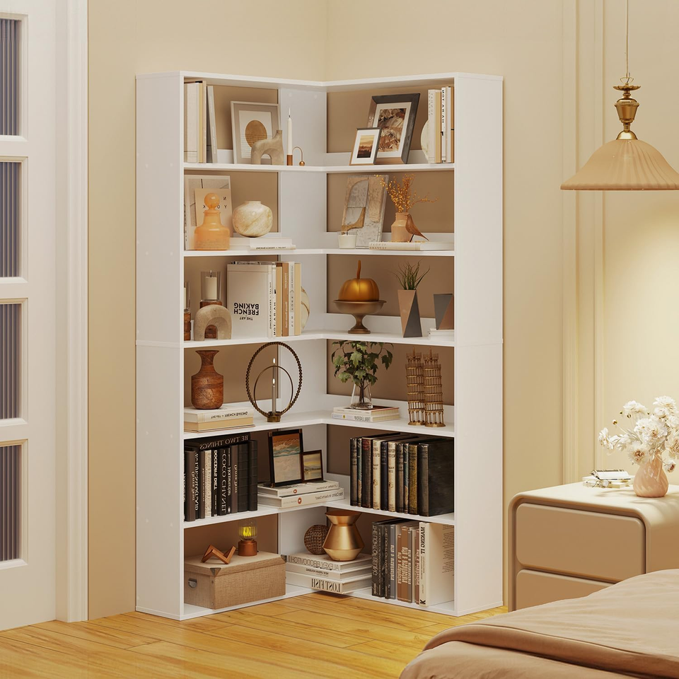 Stylish L-Shaped 6-Tier Wooden Bookshelf for Home & Office Storage | eBay
