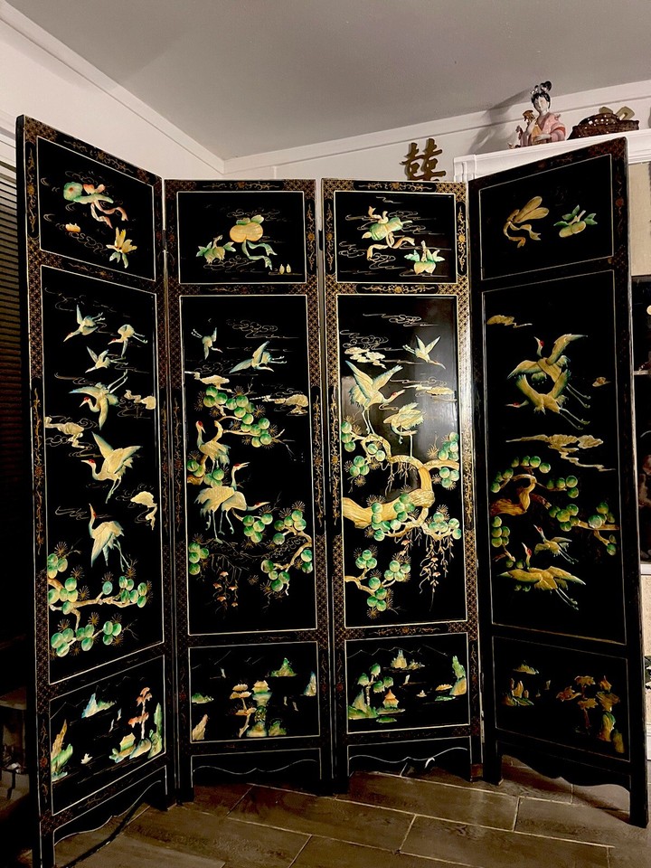 Asian Folding Screen Room Divider Black Lacquer Mother Of Pearl Crain 4 ...