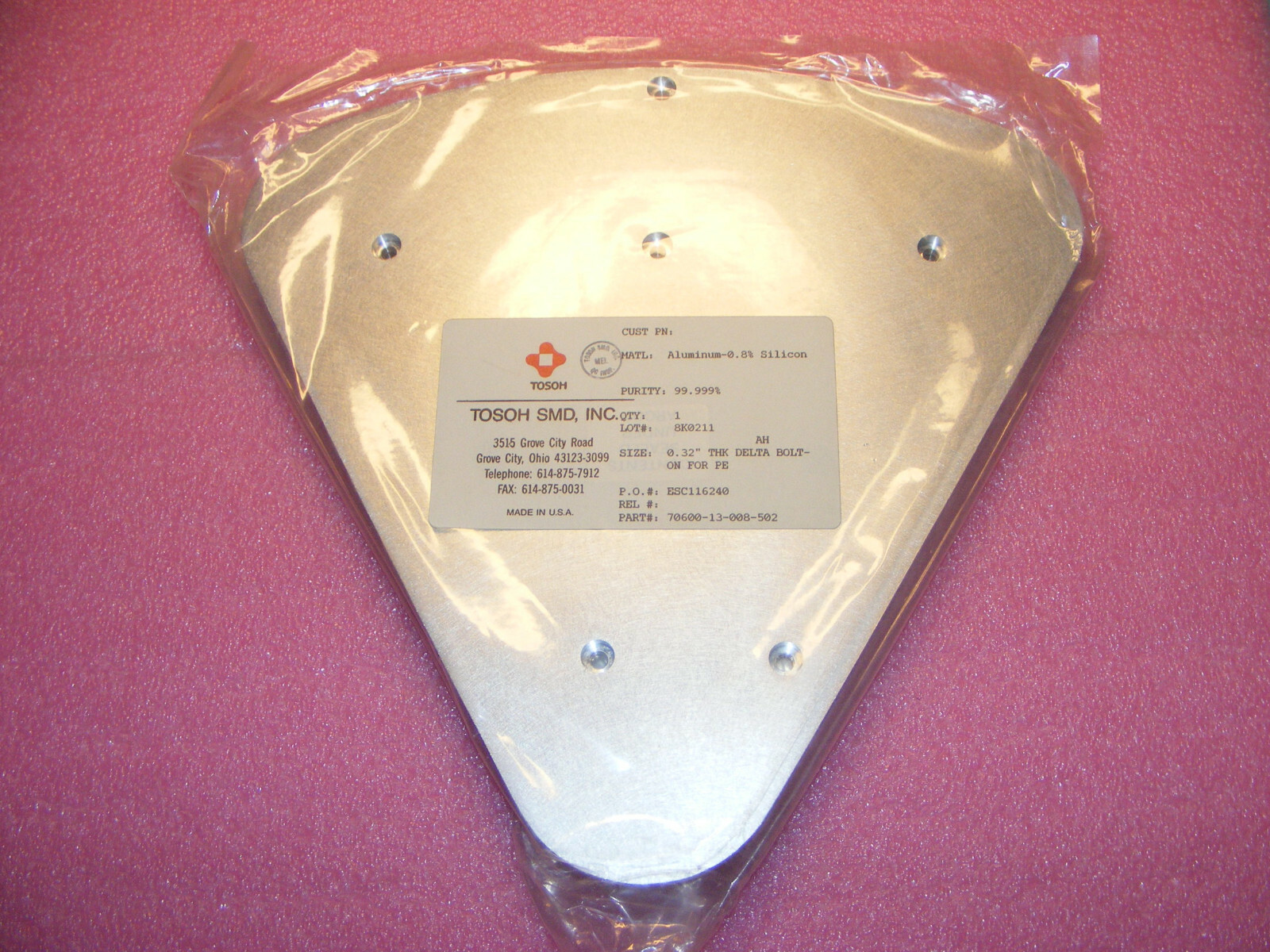 TOSOH SMD INC. ALUMINUM TARGET 0.32' THK DELTA BOLT ON FOR PE #70600-13 ...
