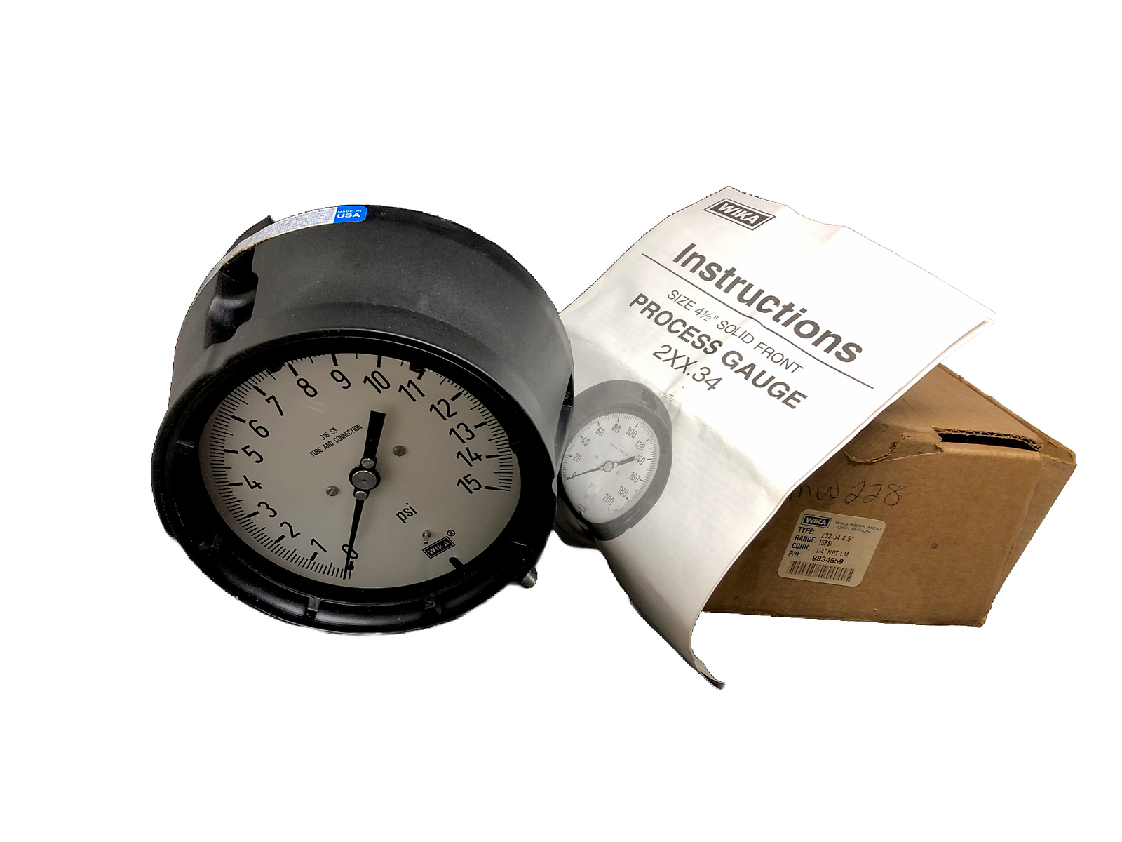 WIKA 15 PSI SIZE 4-1/2" SOLID FRONT PROCESS GAUGE 2XX.34 1/4” NPT NOS ...