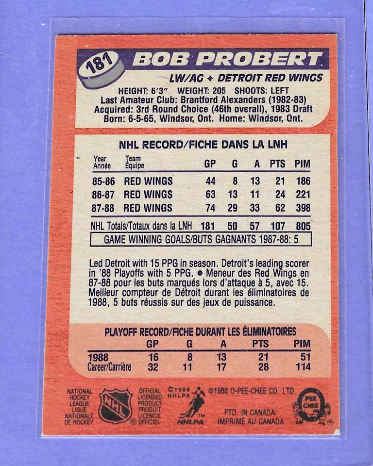 1988-89 O-Pee-Chee Bob Probert Rookie Detroit Red Wings #181 Mint | eBay