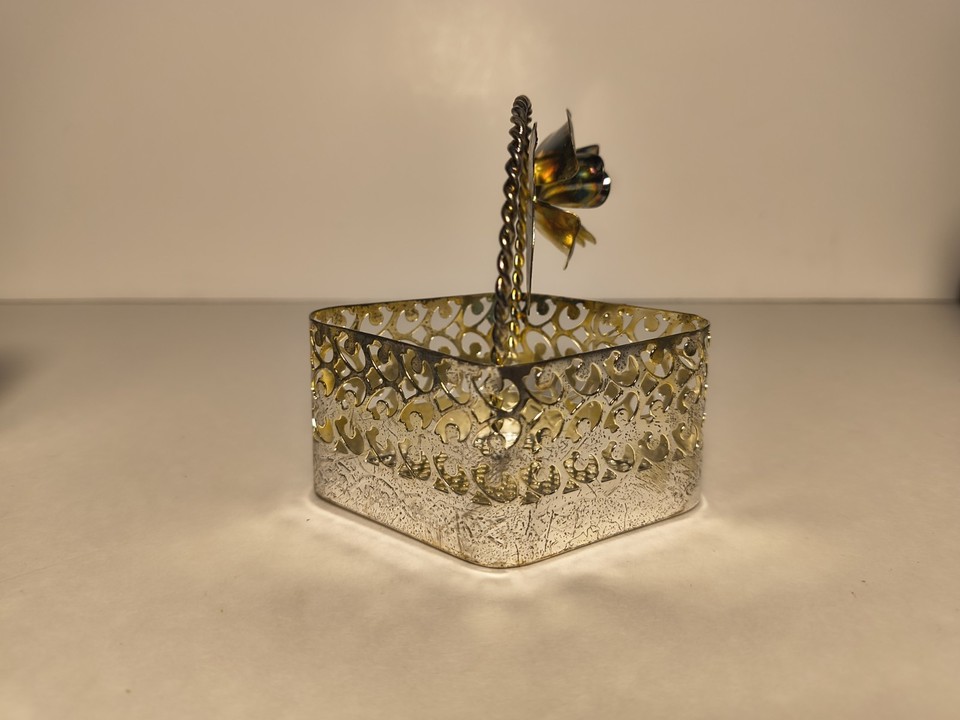 Vintage Silver Plated Diamond Shaped Flower Basket Small Metal Filigree ...