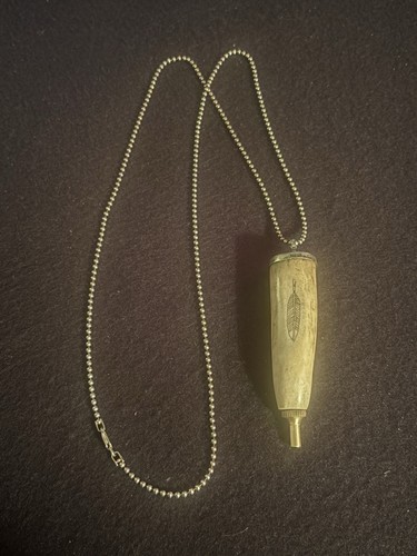 Vintage Scrimshaw Powderhorn W/Feather. Sterling Chain & Accents. Brass ...