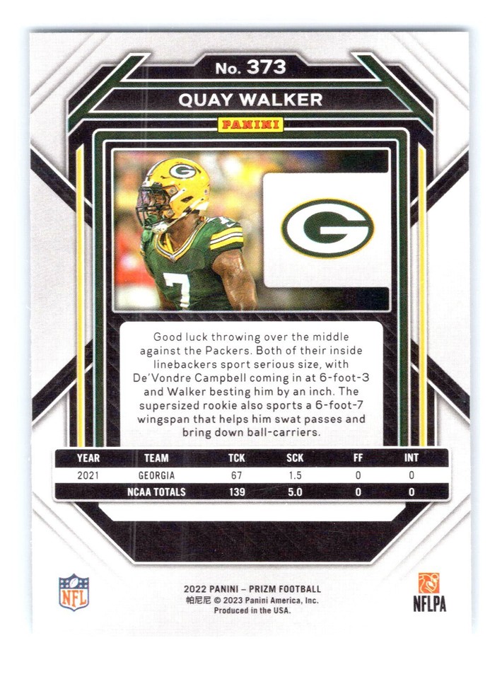 2022 Prizm #373 Quay Walker Rookie Green Bay Packers Mint | eBay