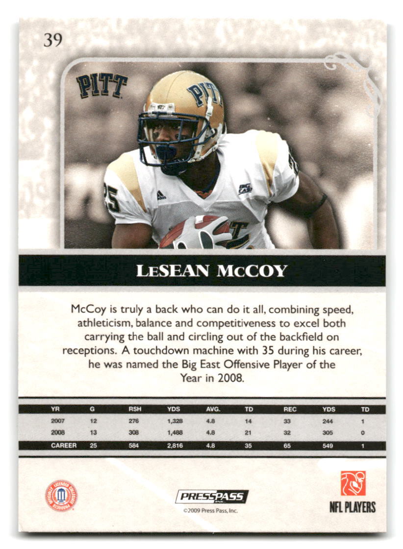 LeSean McCoy 2009 Press Pass Legends #39 Pittsburgh Panthers FOOTBALL ...
