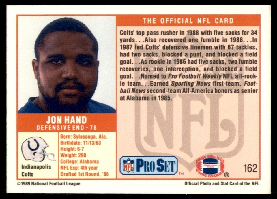 1989 Pro Set #162 Jon Hand | eBay