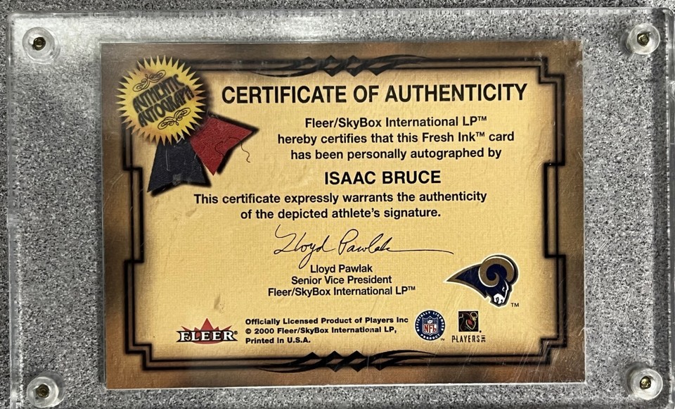 2000 Fleer Autogrphics ISAAC BRUCE Autograph Los Angeles St. Louis Rams ...