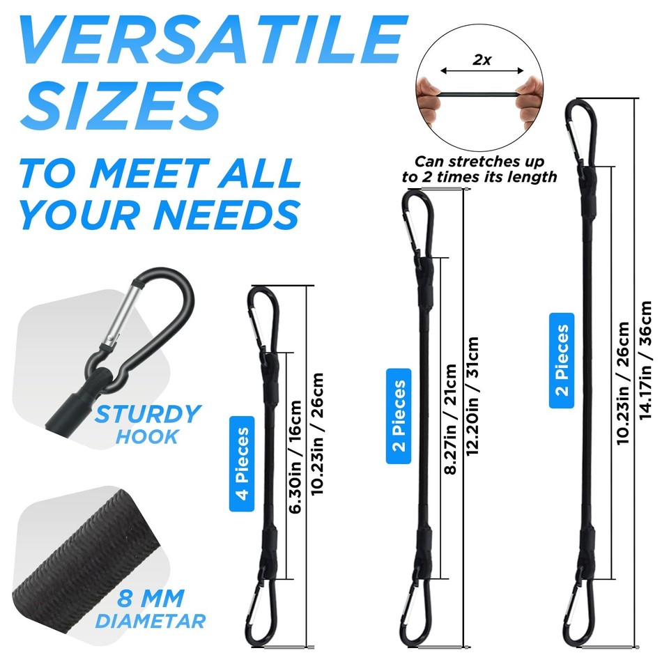 Mini Short Bungee Cords with Carabiner Hooks 8-Pack Black Extra Strong ...