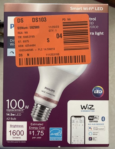 Philips Dimmable WiFi LED Daylight 100w Replacement 14.5w A21 Bulb 1600 ...