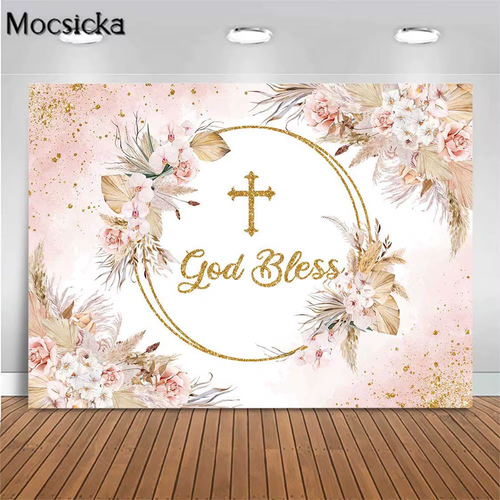 Bohemian Newborn Baptism Photo Background Cross Boho Flower Girl First ...