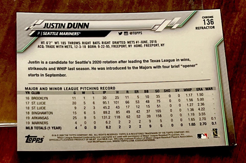 2020 Topps Chrome #136 Justin Dunn PINK Refractor - Cincinnati Reds | eBay