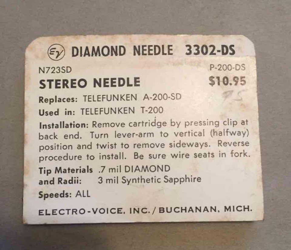 Vintage Electro-Voice Diamond Needle 3302-DS Power Point New Old Stock ...