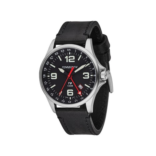Torgoen T9 Black GMT Pilot Watch for Men, Swiss Quartz, Mineral Crystal ...