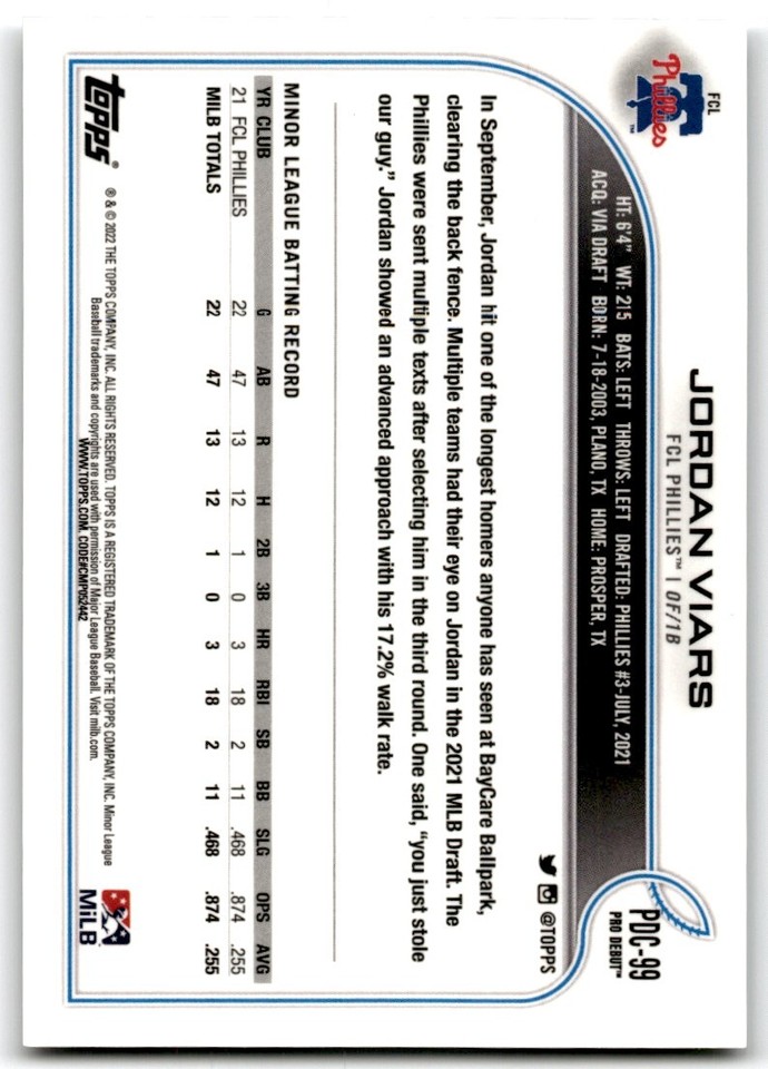 2022 TOPPS PRO DEBUT CHROME JORDAN VIARS FCL PHILLIES #PDC-99 | eBay