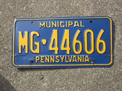 1970's Pennsylvania Blue Yellow Municipal License Plate Pa Penna MG ...
