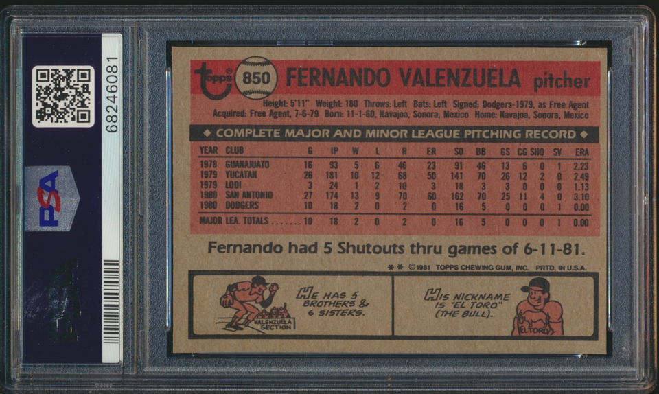 1981 TOPPS TRADED BASEBALL #850 FERNANDO VALENZUELA RC PSA 9 MINT ...