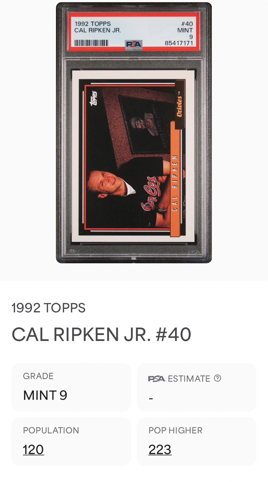 1992 TOPPS CAL RIPKEN JR. #40 PSA 9 MiNT W/ LOU GEHRIG BALTIMORE ...