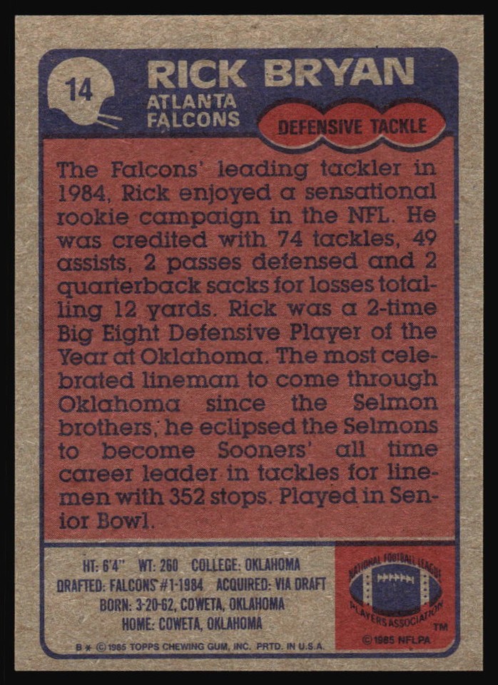 1985 Topps Rick Bryan Rookie #14 Atlanta Falcons | eBay