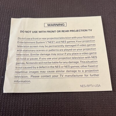 Nintendo NES Rear Projection TV Yellow Warning Insert NES-RPTV-USA | eBay