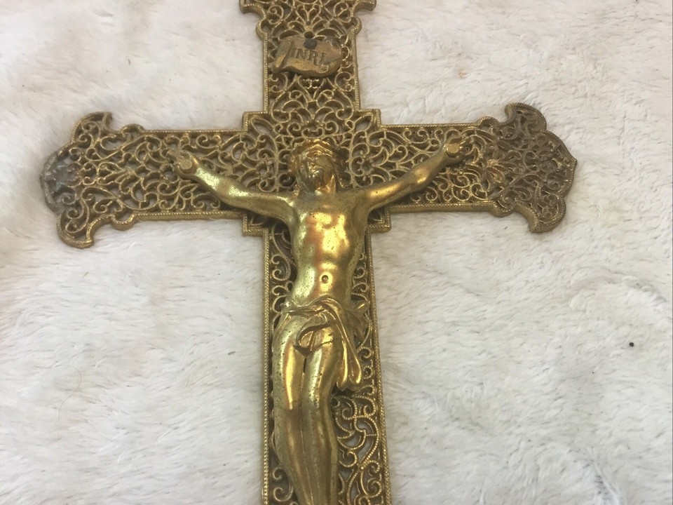 Vintage Crucifix INRI 9x6 Goldtone Ornate Cross - Metal Brass Wall ...