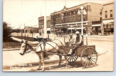 RPPC Real Photo Postcard Iowa Perry Street Horse Drawn Vehicle Train ...