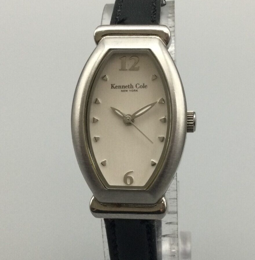 Kenneth Cole Watch Women Silver Tone Rectangle Black Leather Band New ...