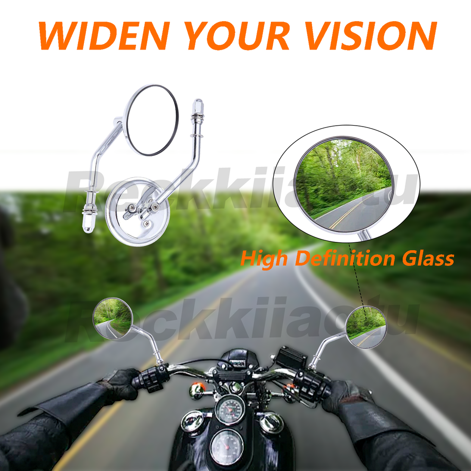Chrome Retro Round Mirrors For 8mm Harley Davidson Cruiser Bobber ...