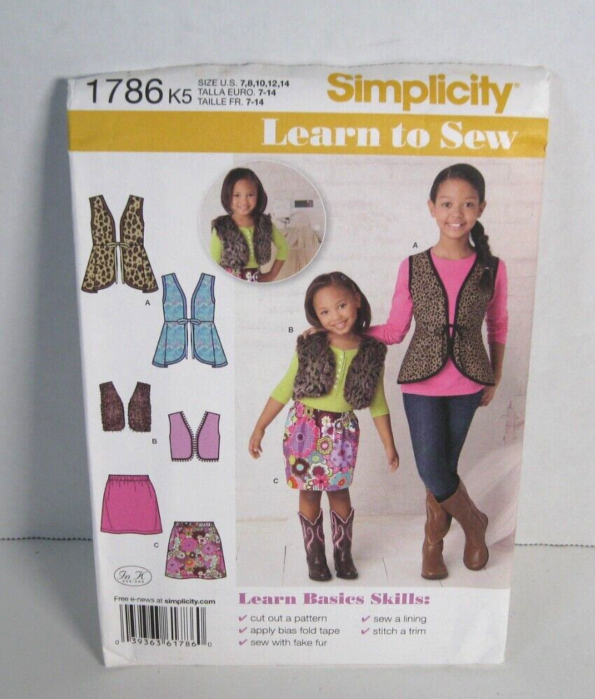 Simplicity 1722 Learn to Sew Pattern Vests 2 Styles & Skirt Girls 7-14 ...