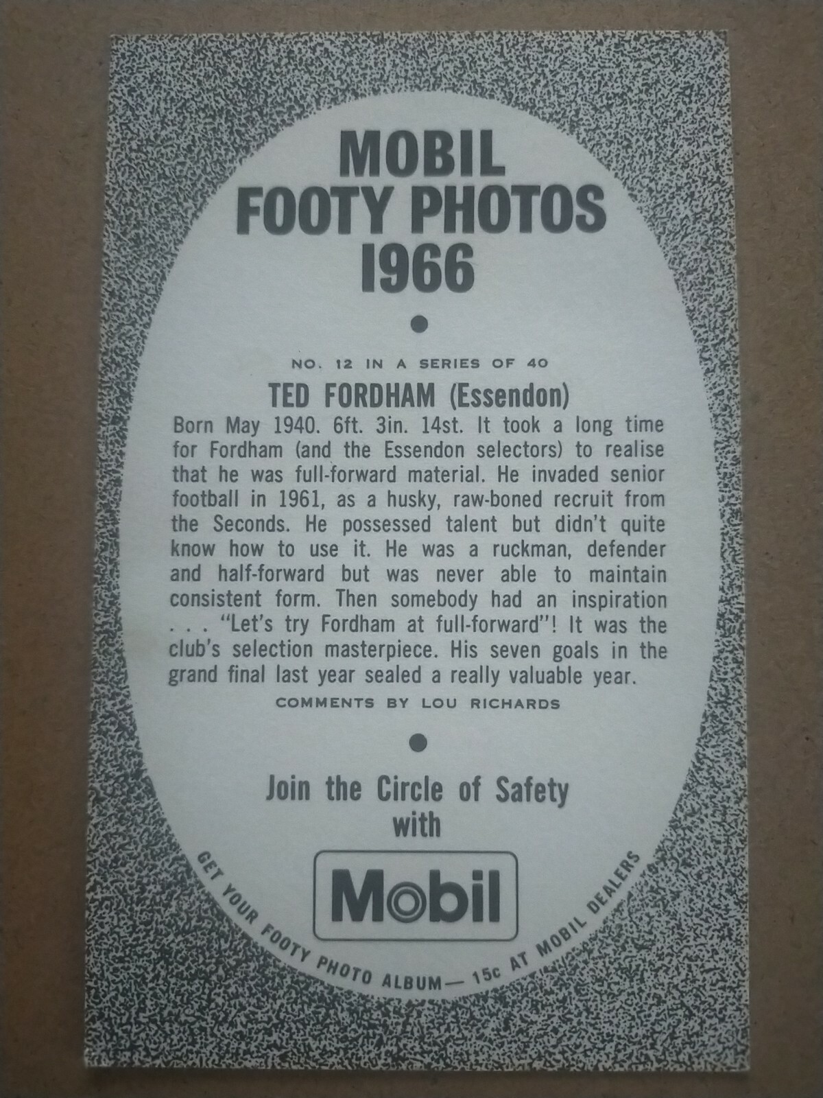 Mobil 1966 Ted Fordham VFL Essendon Bombers Rare. | eBay